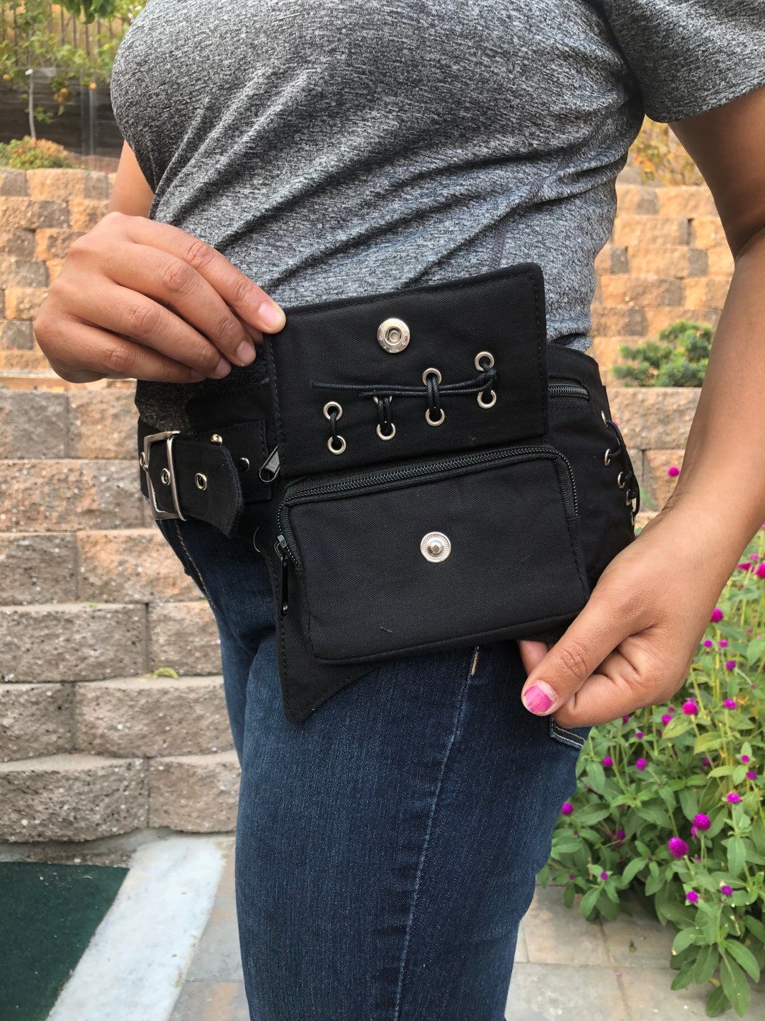 5-pocket Cotton Fanny Pack: Silver Studded Utility Belt Bag - Etsy