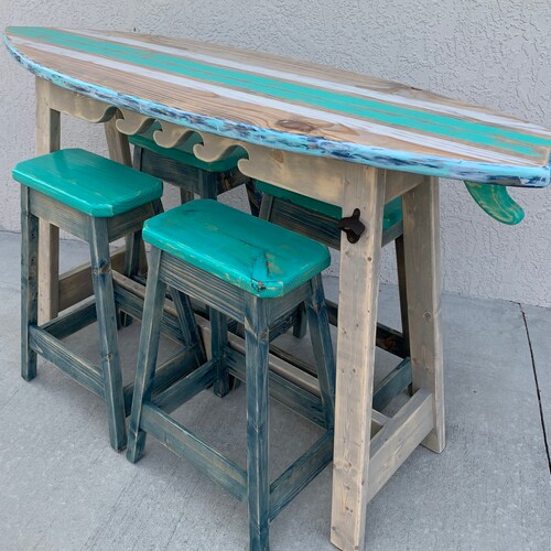 6 Foot Surfboard Table With 4 Stools Bar Height Table Made | Etsy