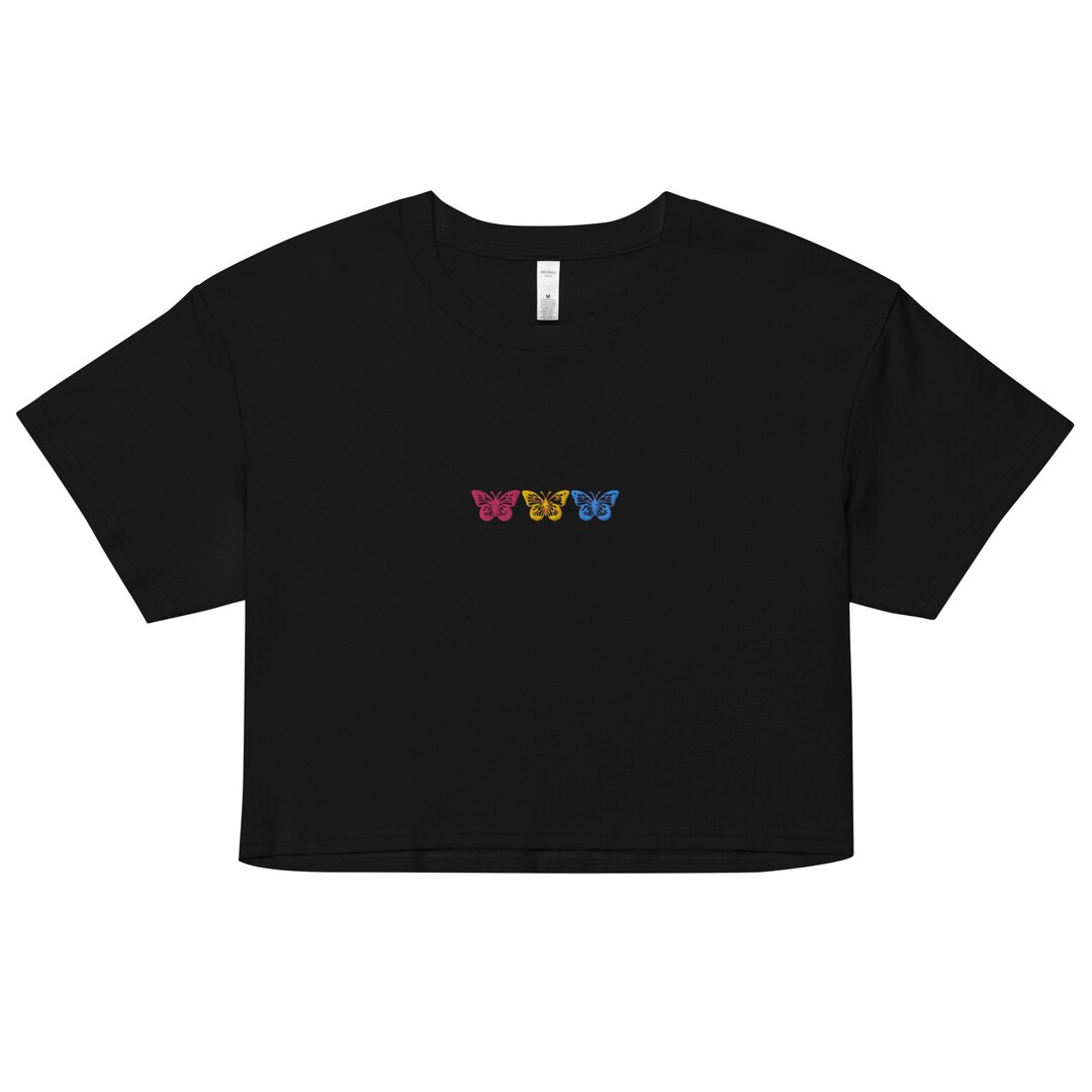Pansexual Flag Butterflies Embroidered Crop Top Lgbtq Pan Pride T Shirt Queer Shirt Pansexual