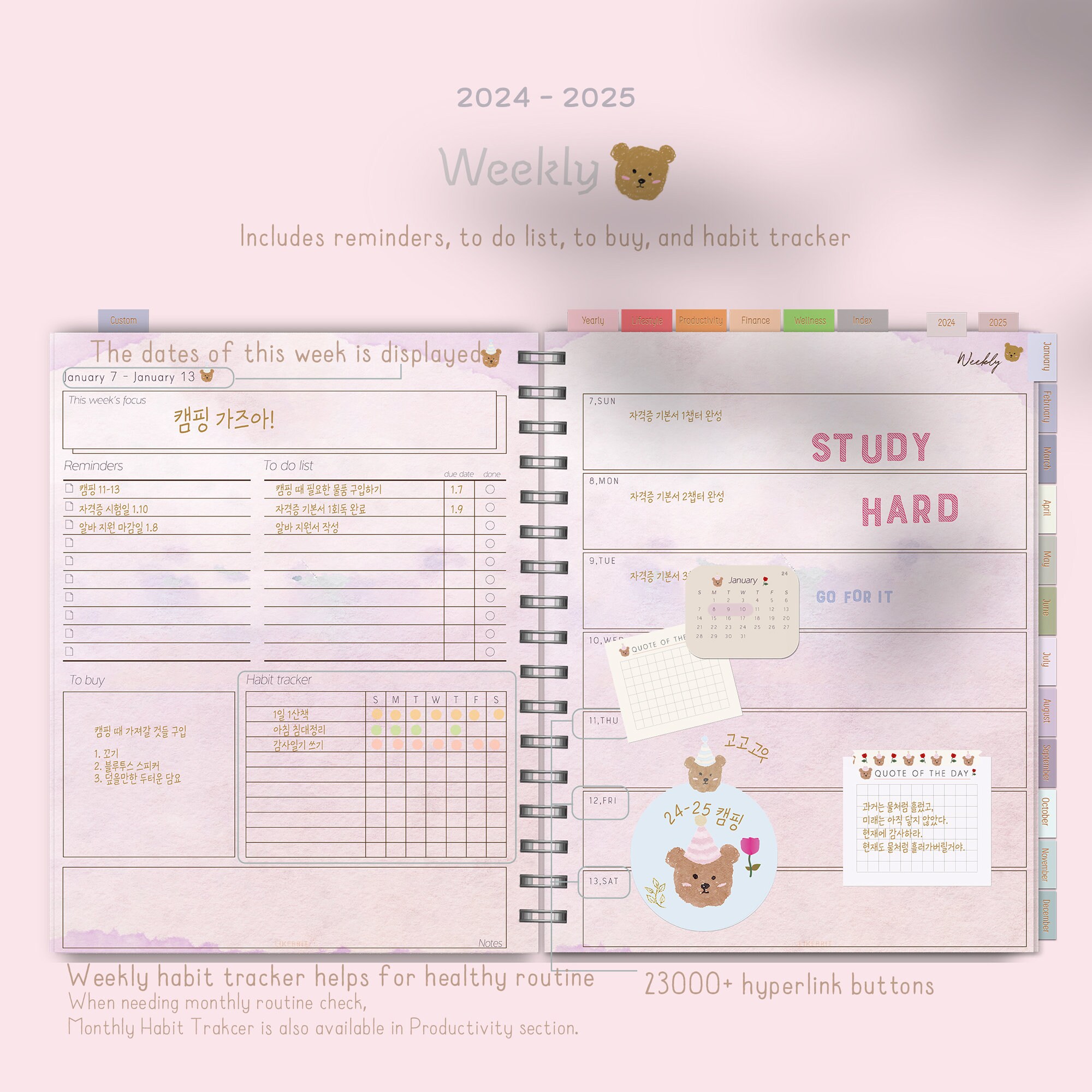 2024-2025 Kawaii Digital Planner Sticker Bundle Pink Dated Cute Planner ...