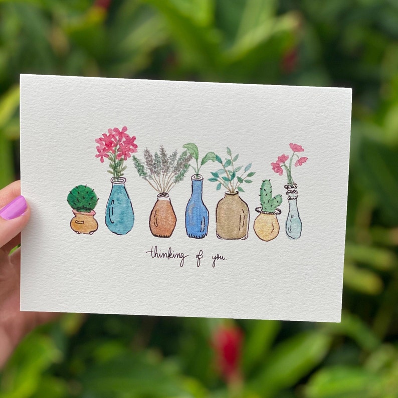 Thinking of You Flower Vases Watercolor Card | Etsy