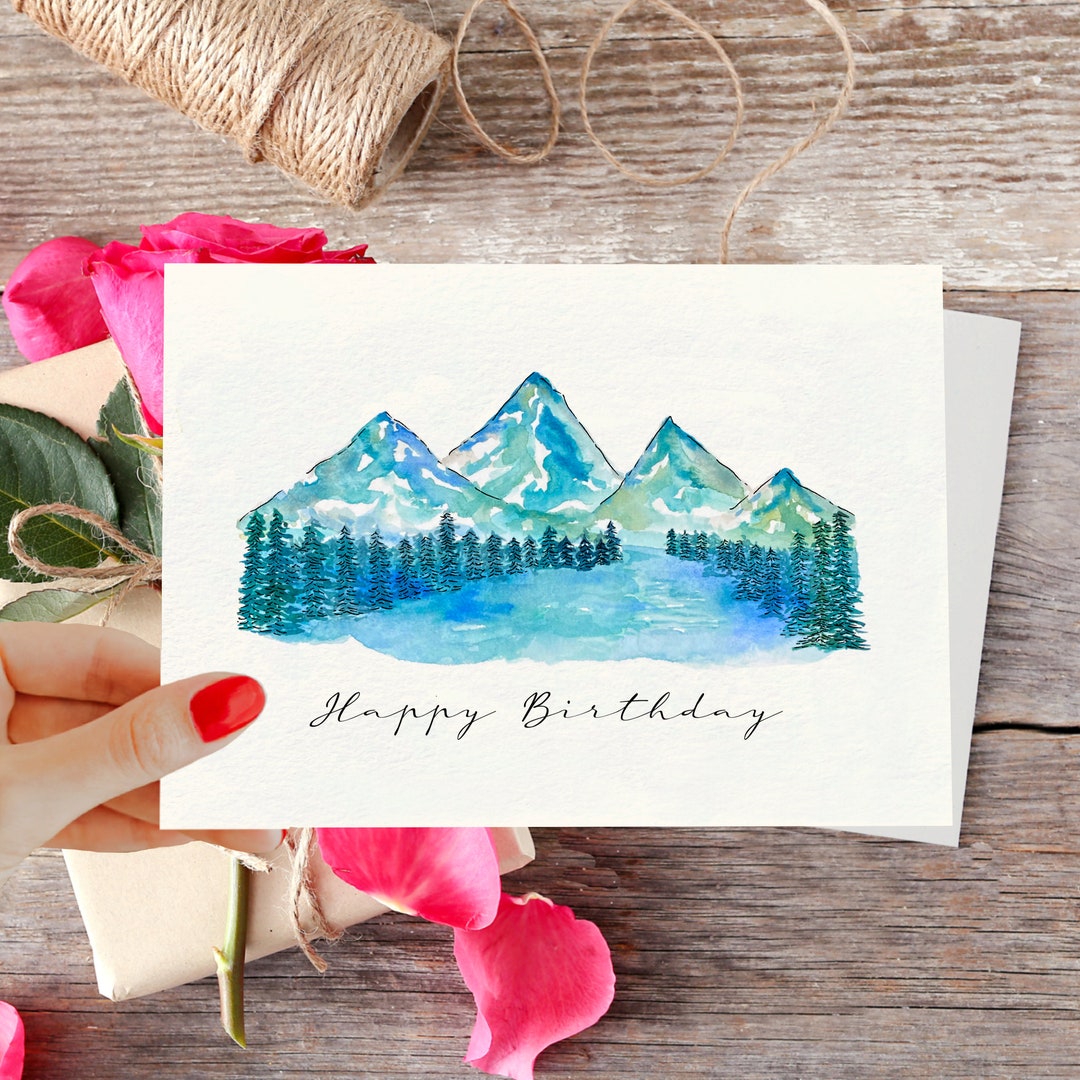 Happy Birthday Watercolor Mountains - Etsy