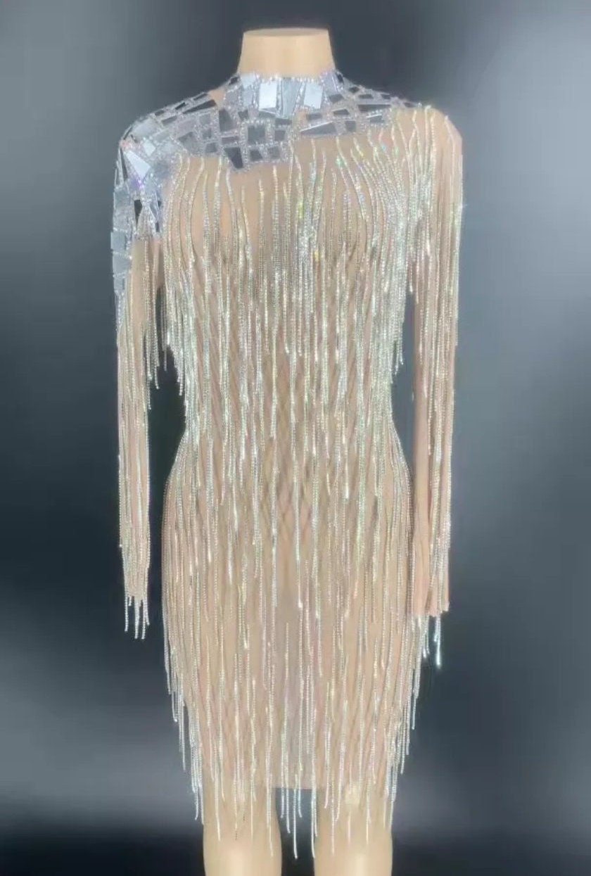 Rhinestone Fringe Dress Mini - Etsy