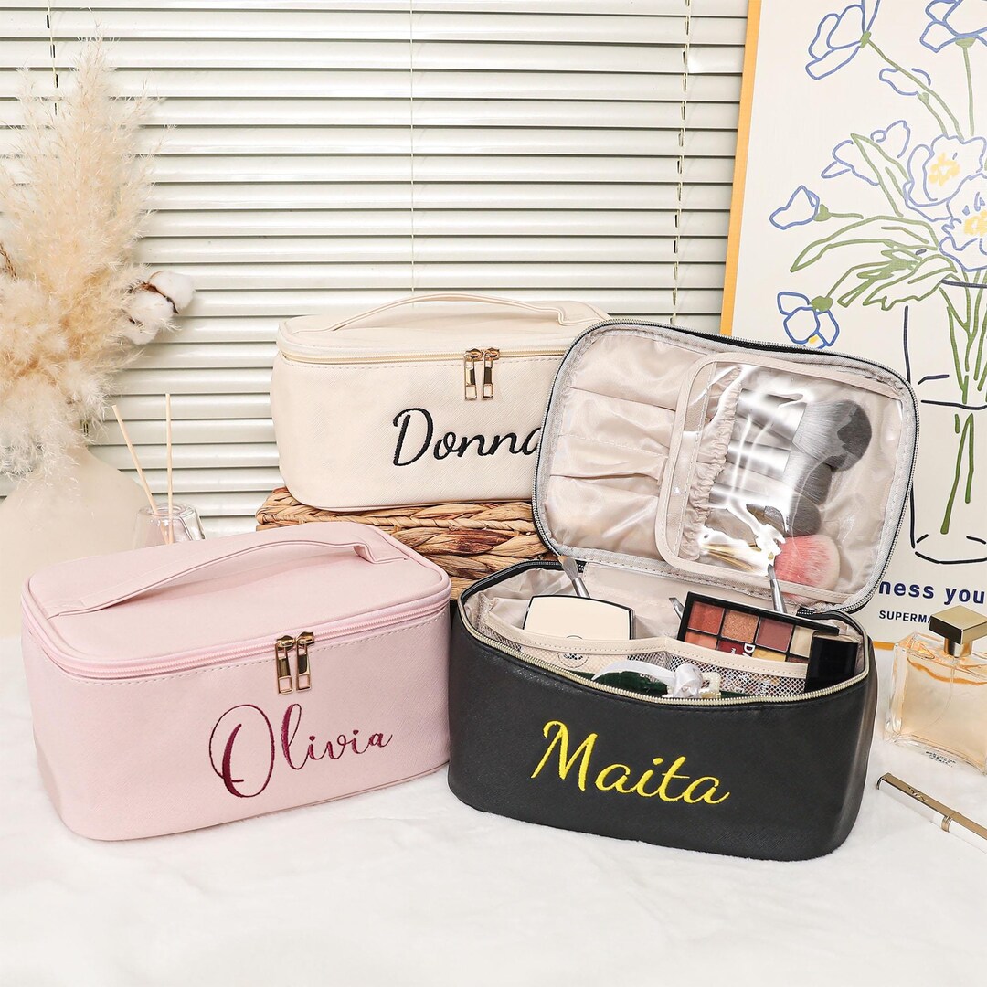 Personalized Leather Makeup Bag, Large Capacity Cosmetic Bag, Custom ...