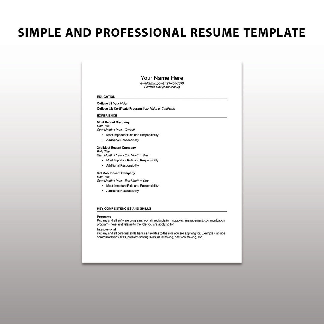 Simple and Professional Resume Template - Etsy