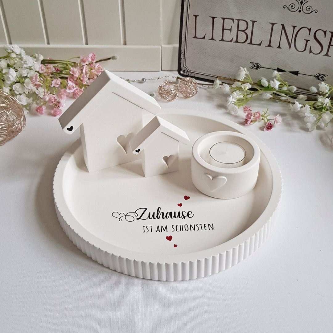 Deko Teller Set, Beton Deko - ZUHAUSE - Mit 2 Deko Häusern u. Herz ...