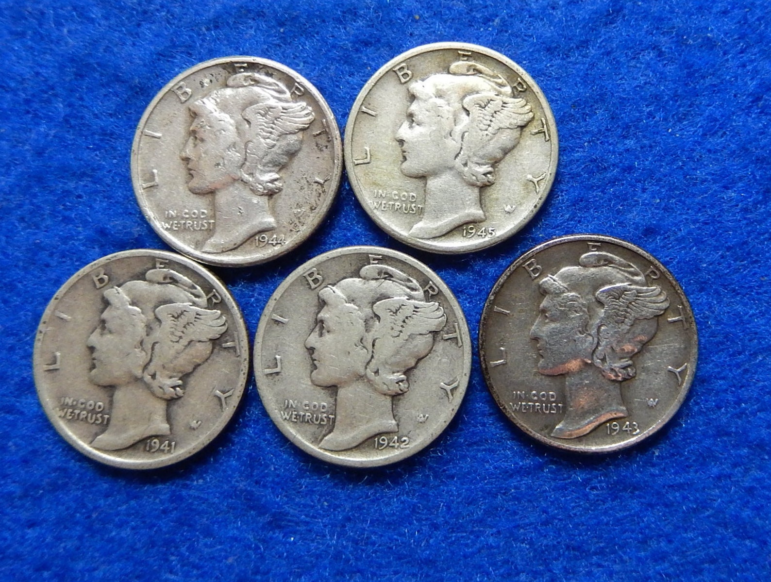 1941 Thru 1945 Silver Mercury Dimes, One of Each Year, 90% Silver, Lot ...