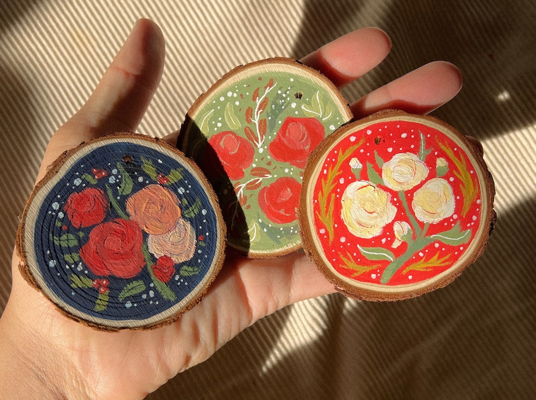 Hand Painted Wood Circles: 3 Ornaments Floral Decor, Floral Accents ...