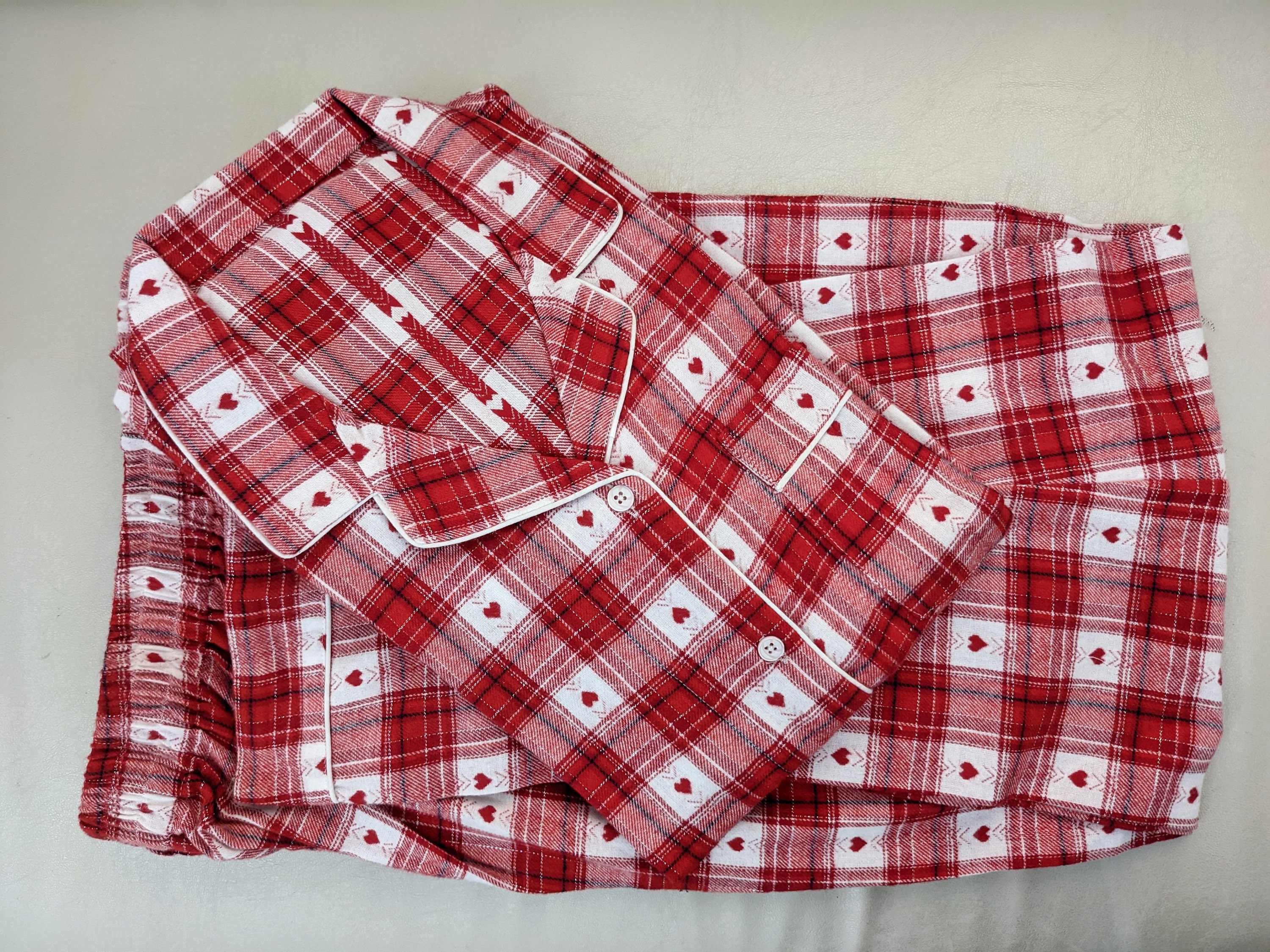Red Heart and White Plaid Flannel Pajamas for Adults Unisex Sleepwear ...