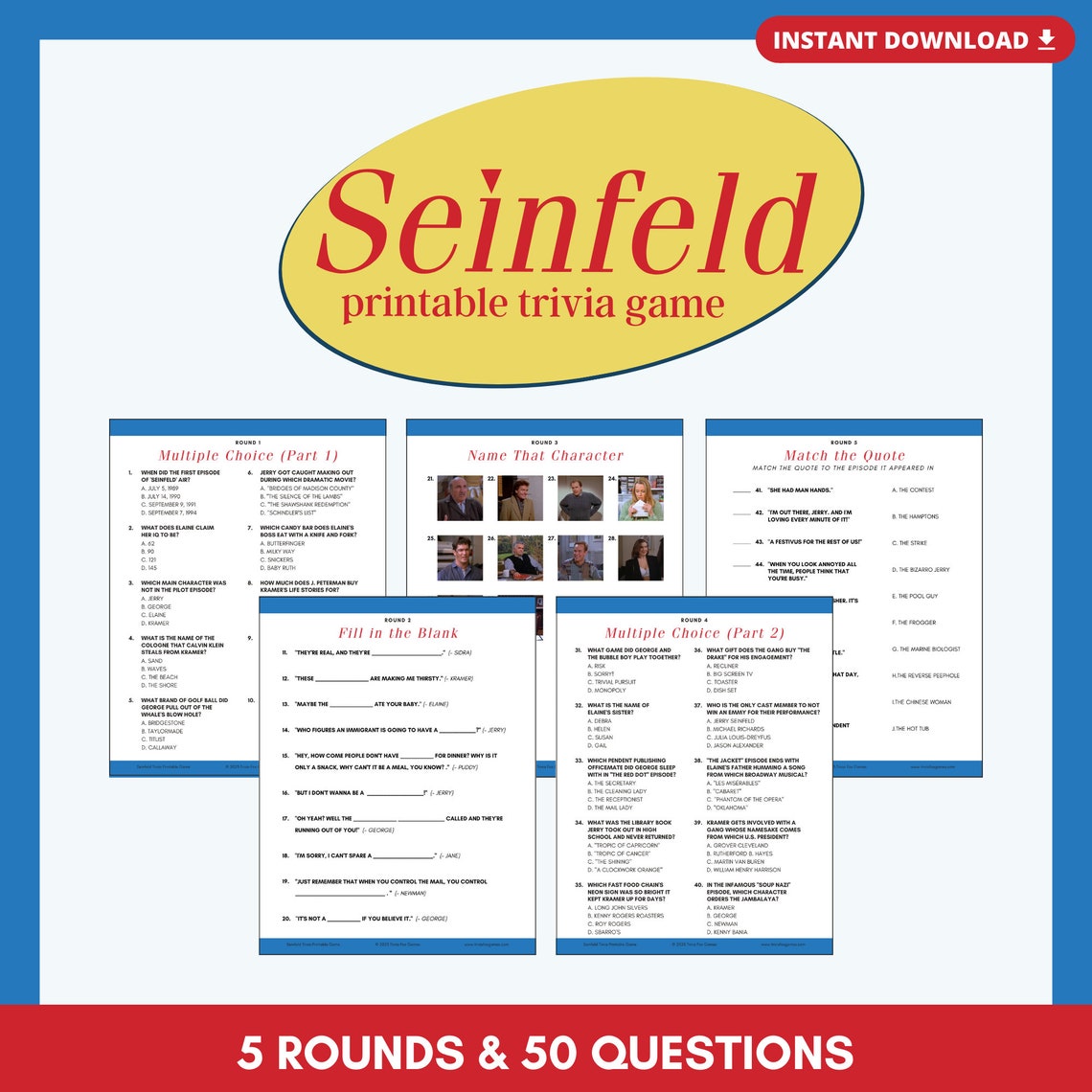 SEINFELD TRIVIA Printable Game | 5 Rounds & 50 Questions | Instant ...