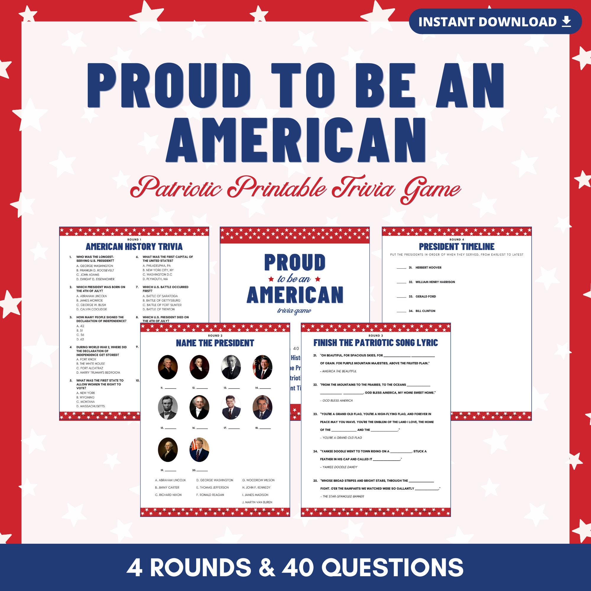 PATRIOTIC TRIVIA Printable Game | 4 Rounds & 40 Questions | Labor Day ...