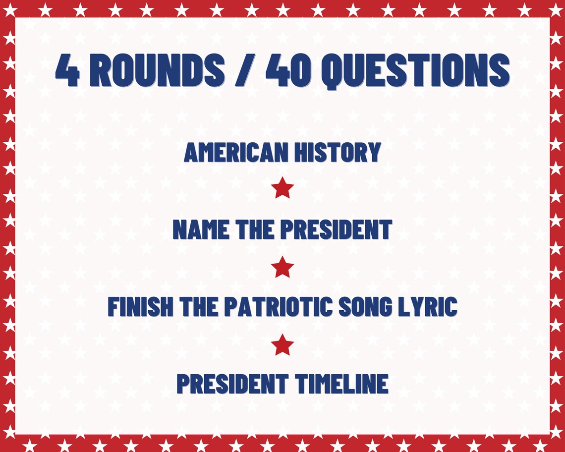 PATRIOTIC TRIVIA Printable Game | 4 Rounds & 40 Questions | Labor Day ...