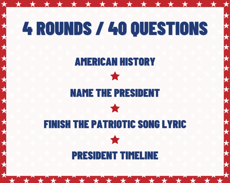 PATRIOTIC TRIVIA Printable Game | 4 Rounds & 40 Questions | Labor Day ...