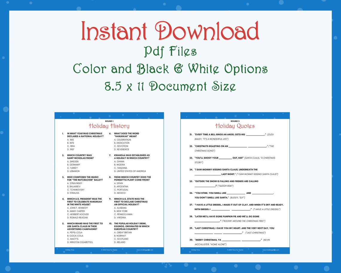 HOLIDAY TRIVIA Printable Game | Instant Download | 5 Rounds & 50 ...