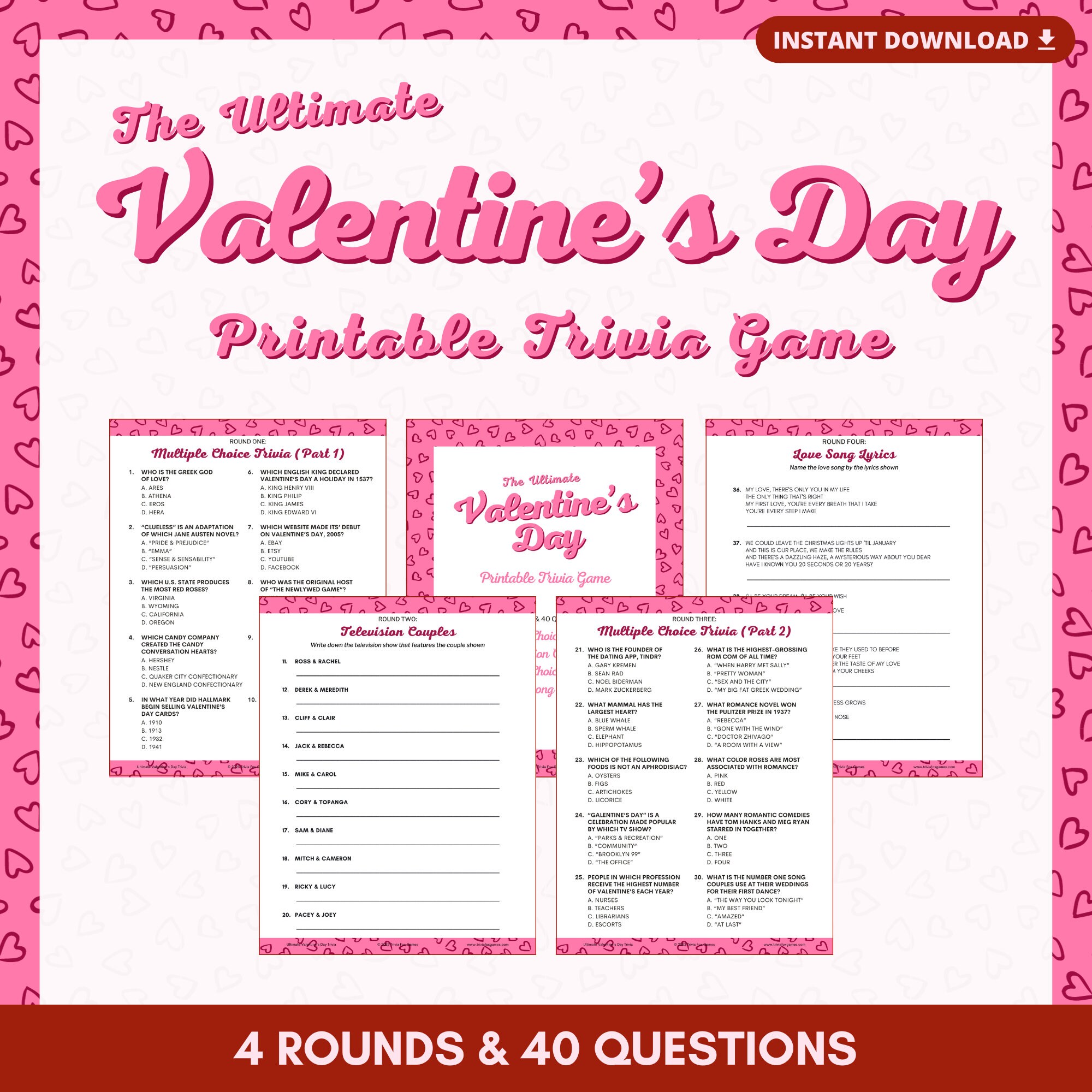 VALENTINE'S DAY TRIVIA Printable Game | Instant Download | 4 Rounds ...