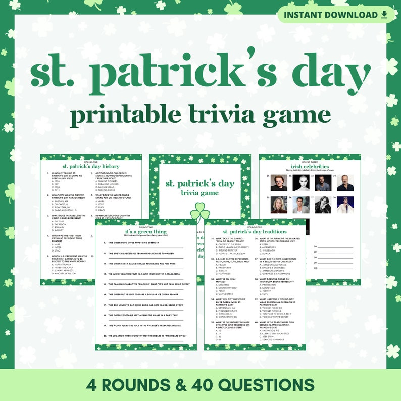 ST. PATRICK'S DAY Trivia Printable Game | 4 Rounds & 40 Questions ...