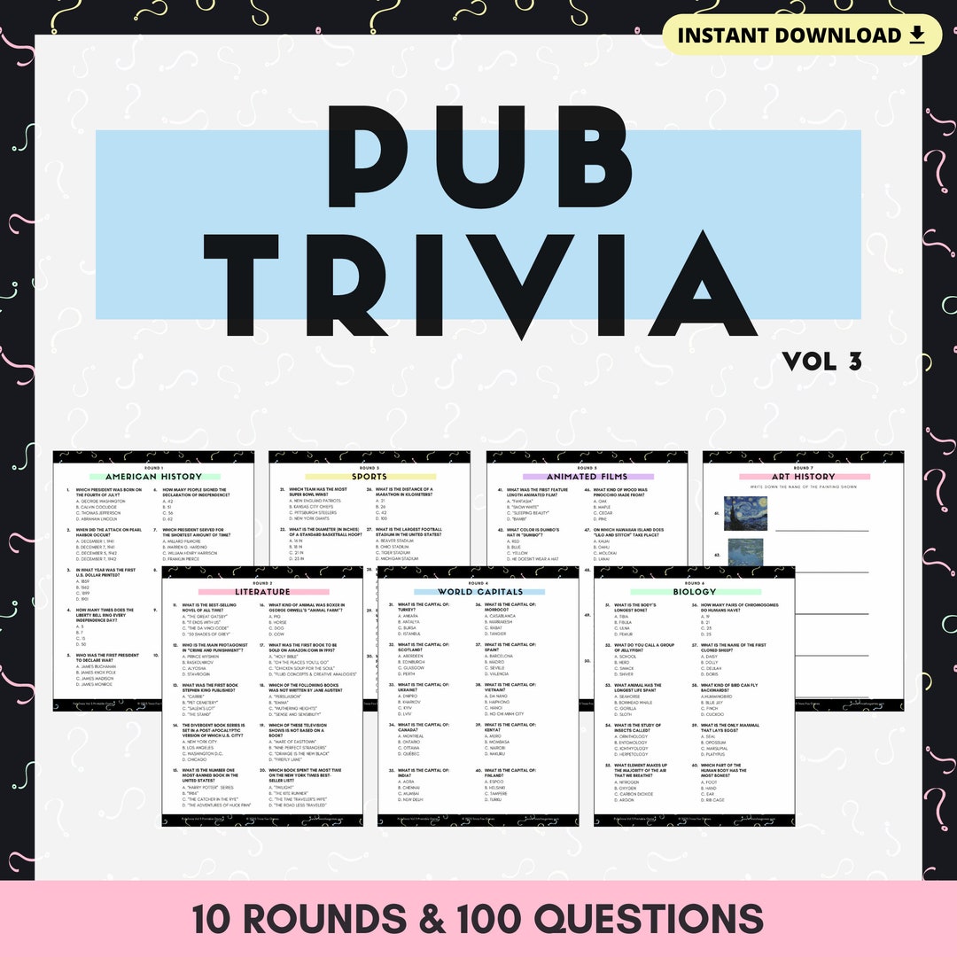 Pub Trivia Game: Volume 3, 100 Questions (PDF Files) - Etsy