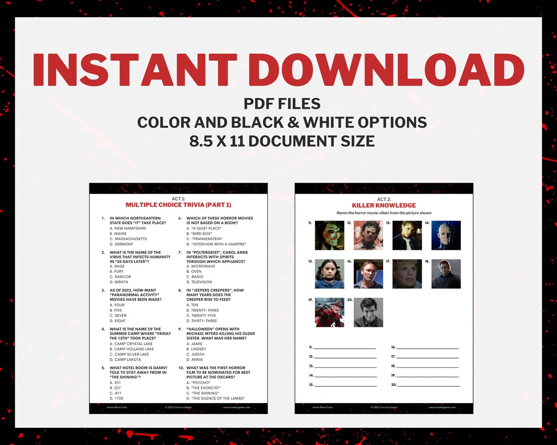 HORROR MOVIE TRIVIA Printable Game 7 Rounds & 70 Questions to Test ...