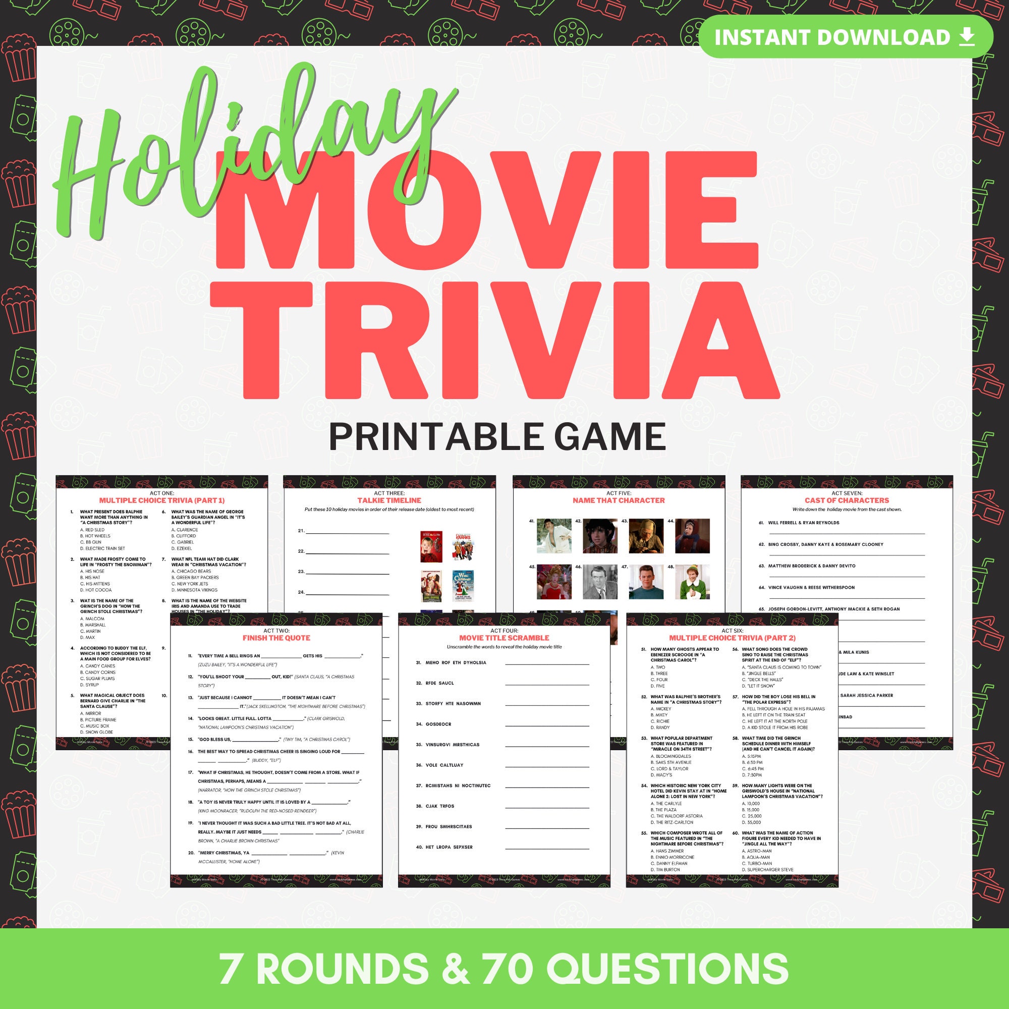 Holiday Movie Trivia Game: Printable Christmas Party (PDF Files) - Etsy