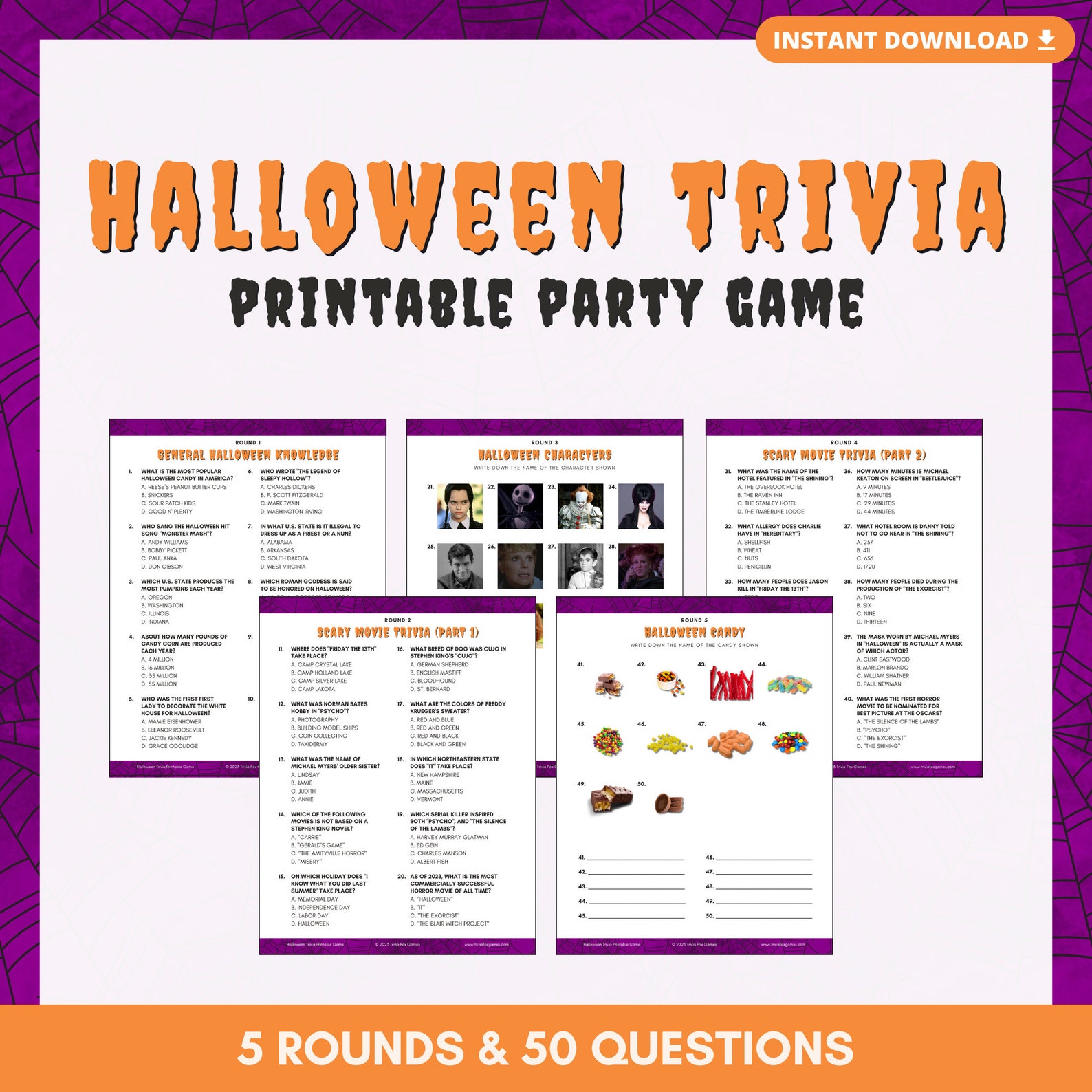 HALLOWEEN TRIVIA | Printable Game | 5 Rounds 50 Questions | Halloween ...