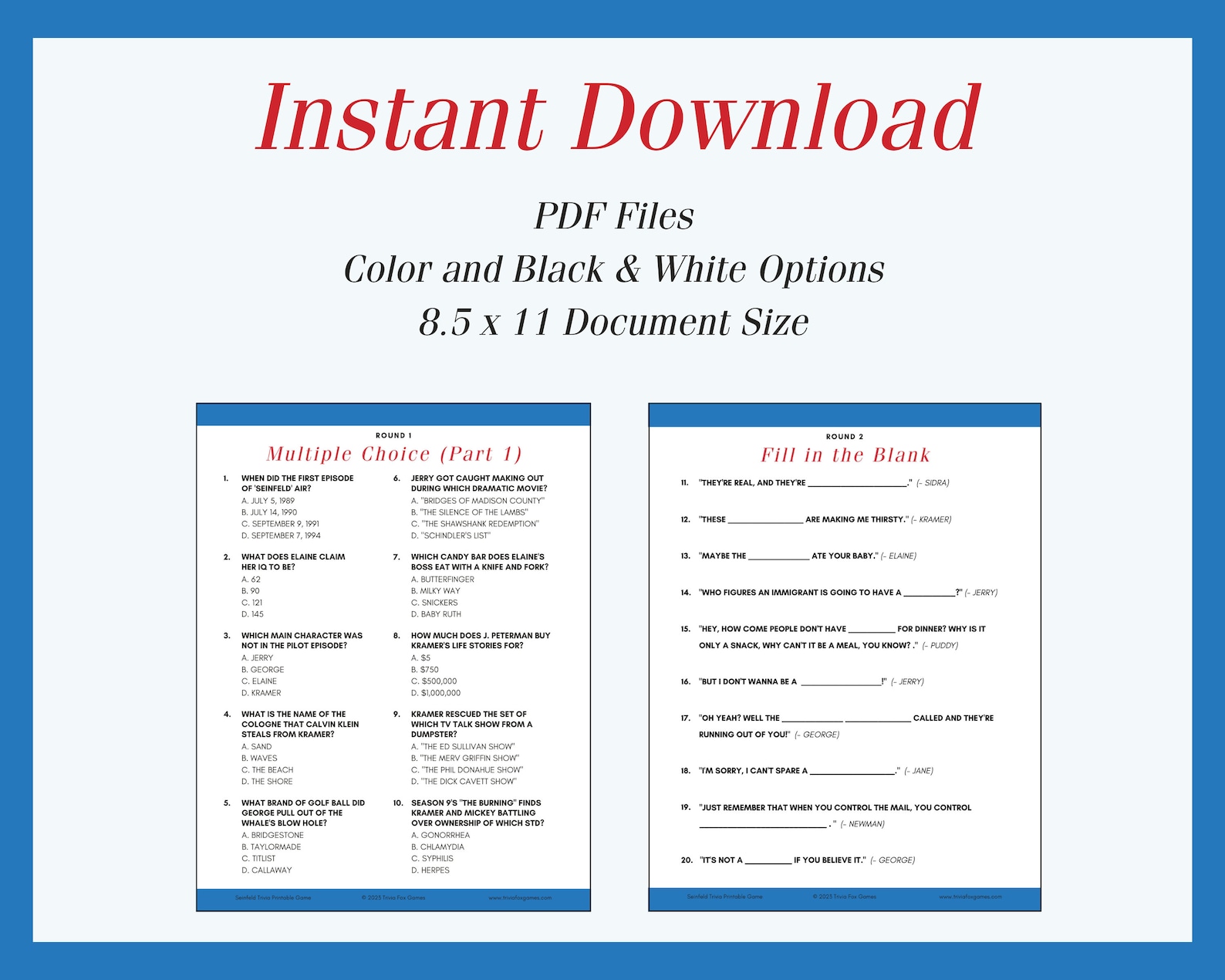 SEINFELD TRIVIA Printable Game | 5 Rounds & 50 Questions | Instant ...