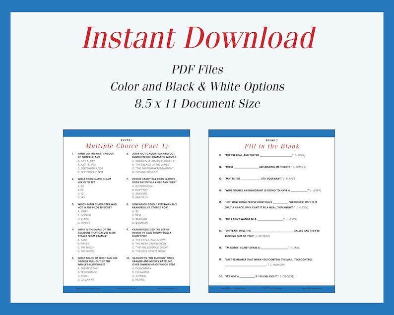 SEINFELD TRIVIA Printable Game | 5 Rounds & 50 Questions | Instant ...