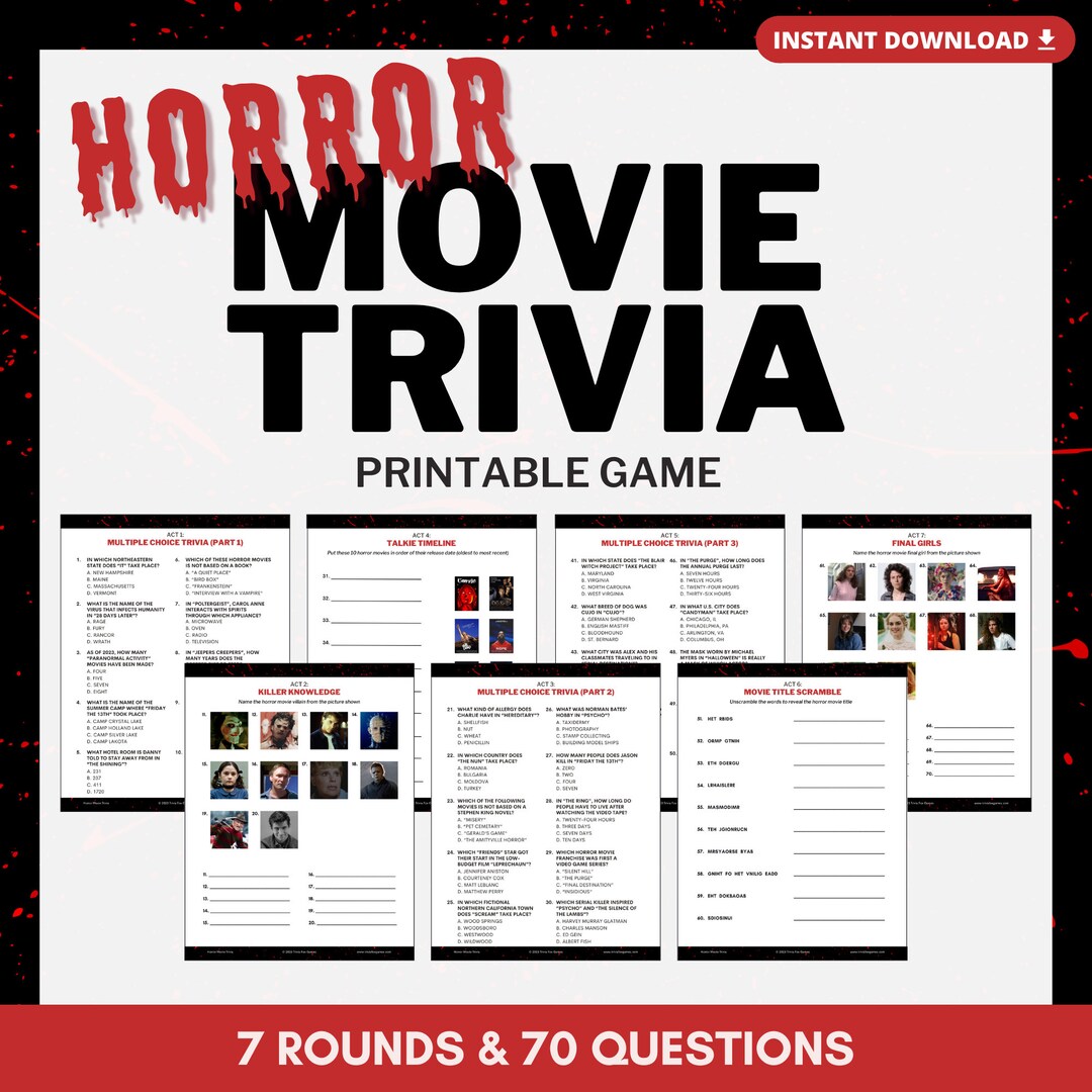 HORROR MOVIE TRIVIA Printable Game | 7 Rounds & 70 Questions to Test ...