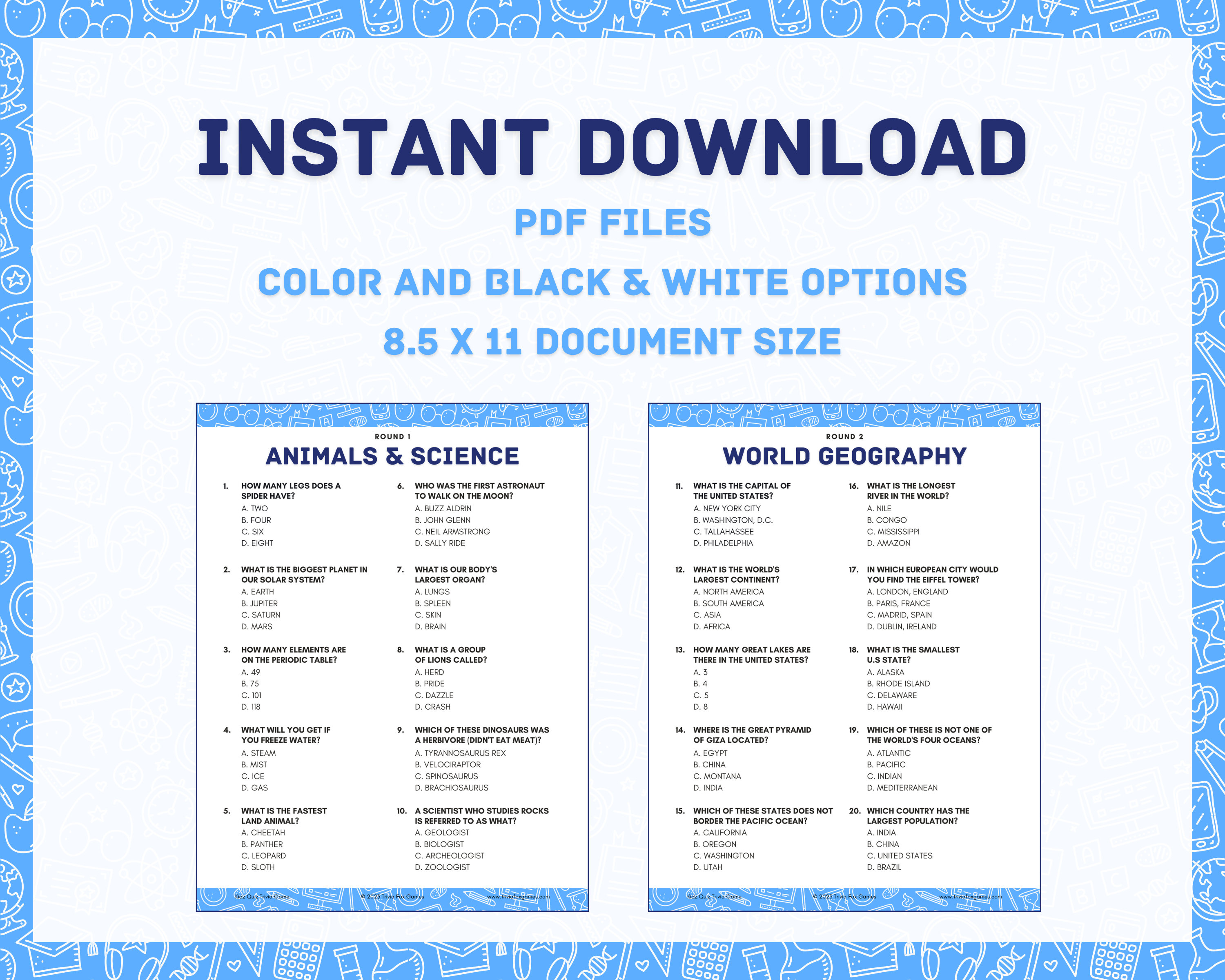 Kidz Quiz Printable Trivia Game: Animals, Science, Geography (PDF Files ...