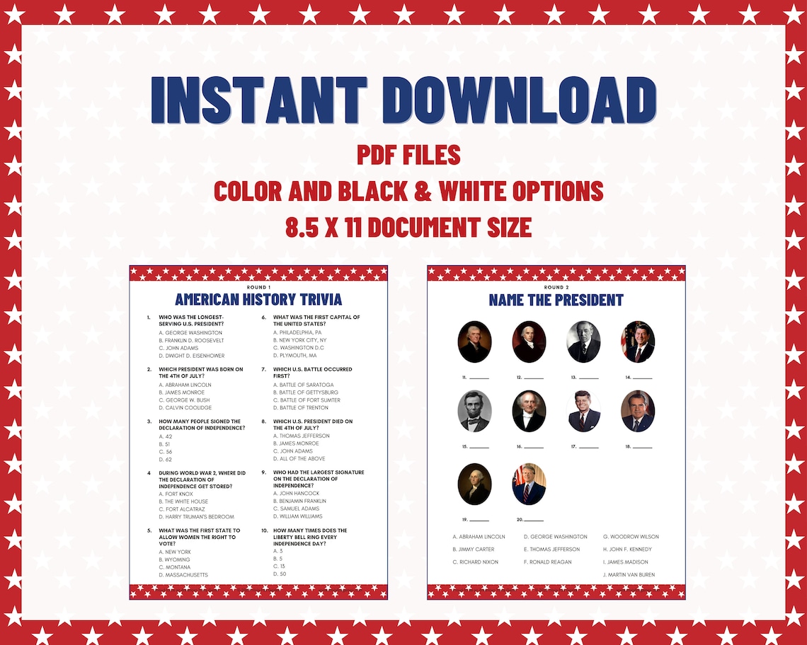 PATRIOTIC TRIVIA Printable Game 4 Rounds & 40 Questions Labor Day Games ...