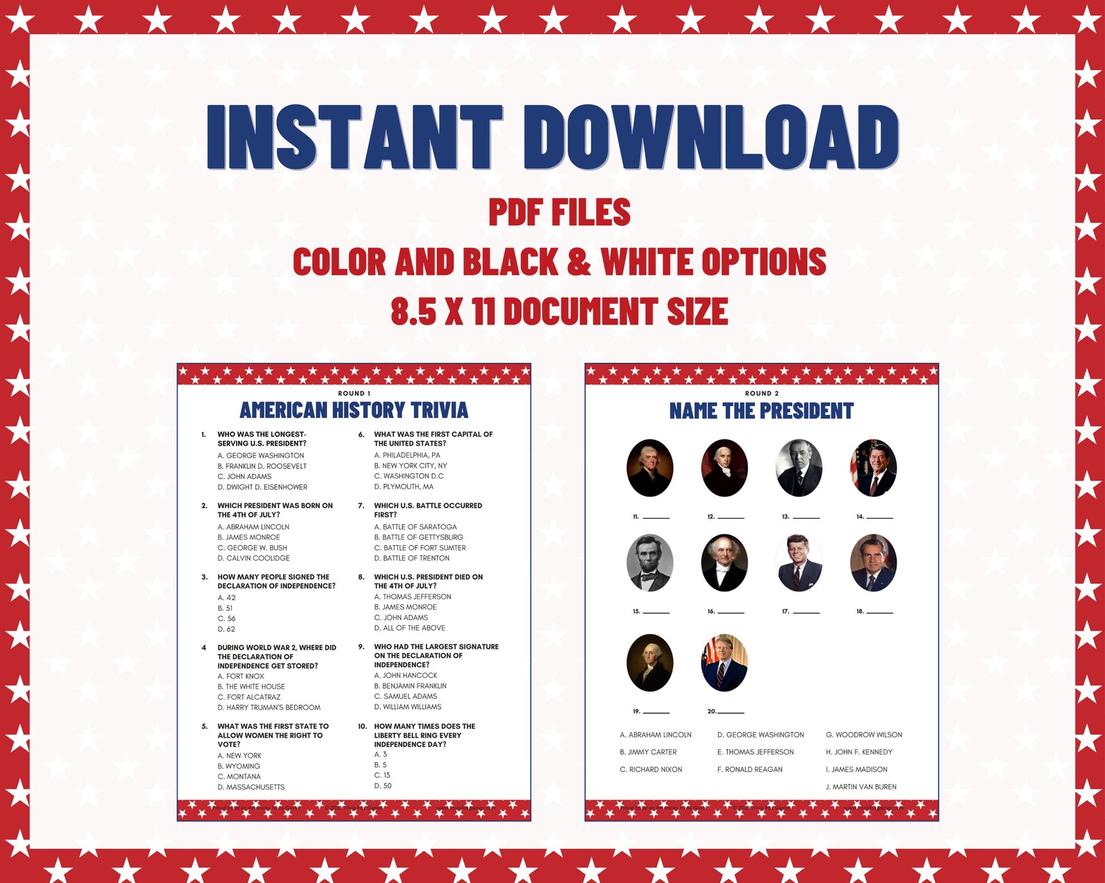 PATRIOTIC TRIVIA Printable Game | 4 Rounds & 40 Questions | Labor Day ...