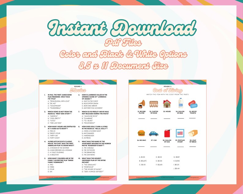 Swinging 60's Trivia Game: Retro Party, 70 Questions (PDF Files) - Etsy