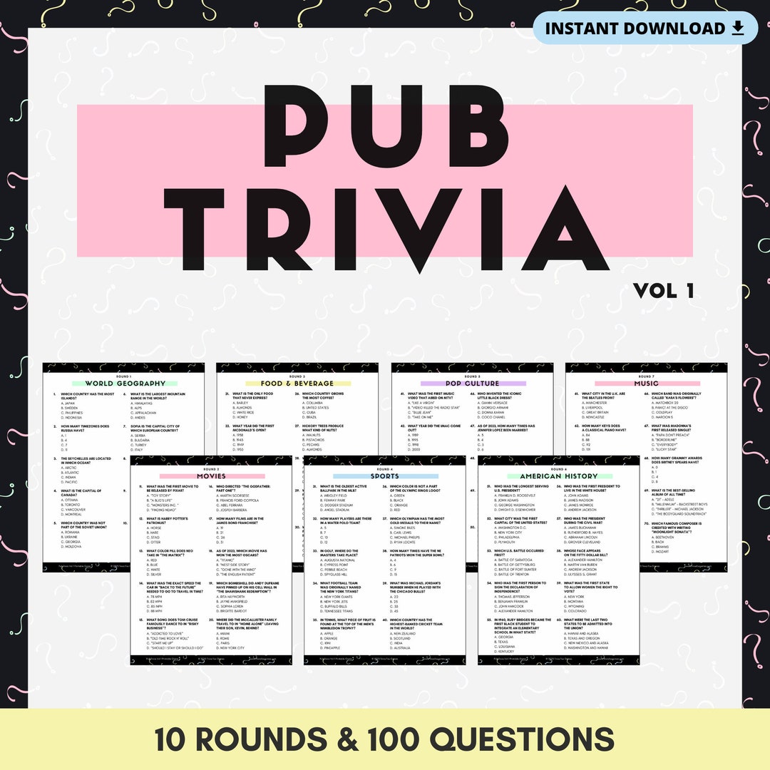 PUB TRIVIA Printable Game | Volume 1 | 10 Rounds & 100 Questions ...