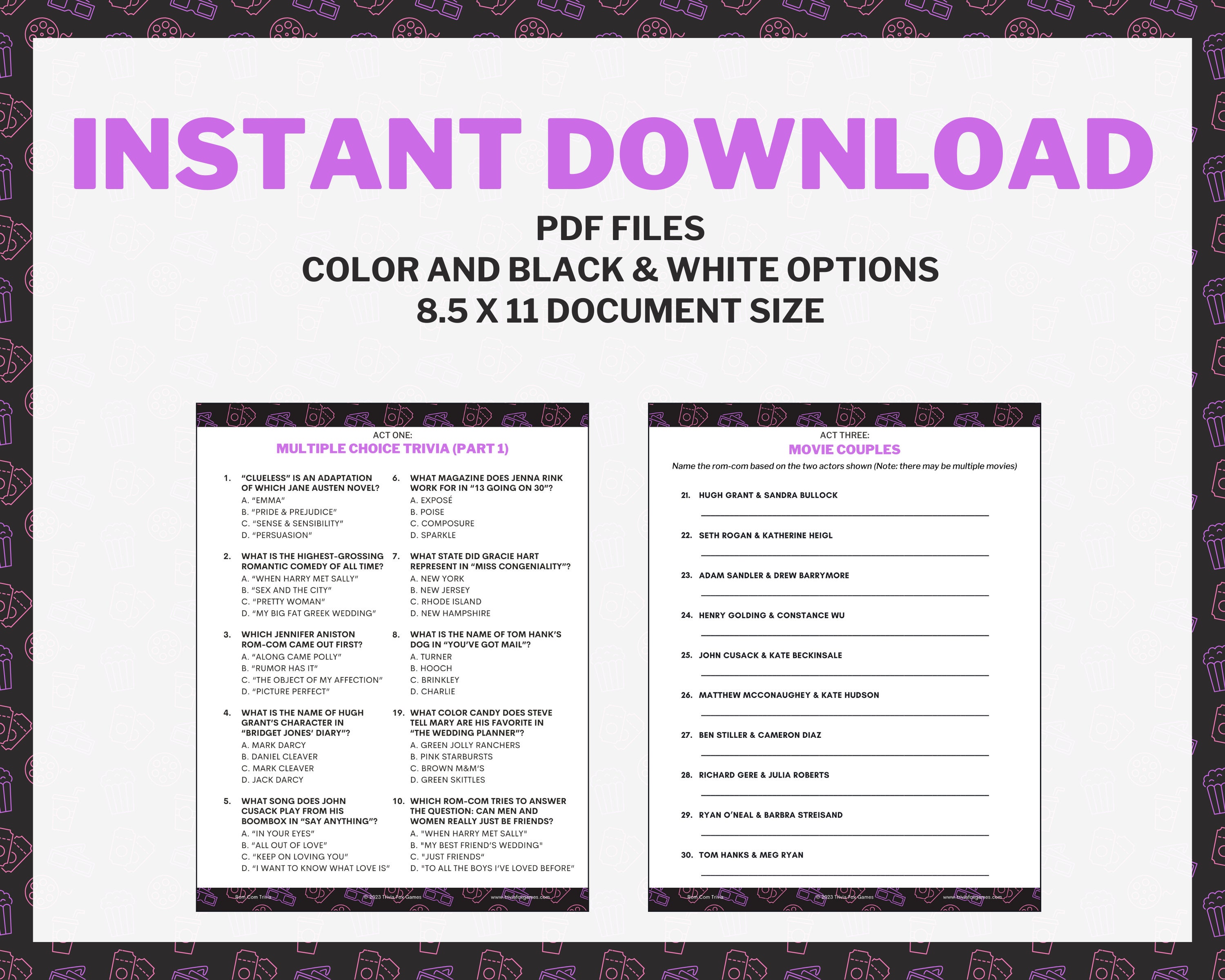 ROMCOM MOVIE TRIVIA Printable Game 6 Rounds & 60 Questions to Test Your ...