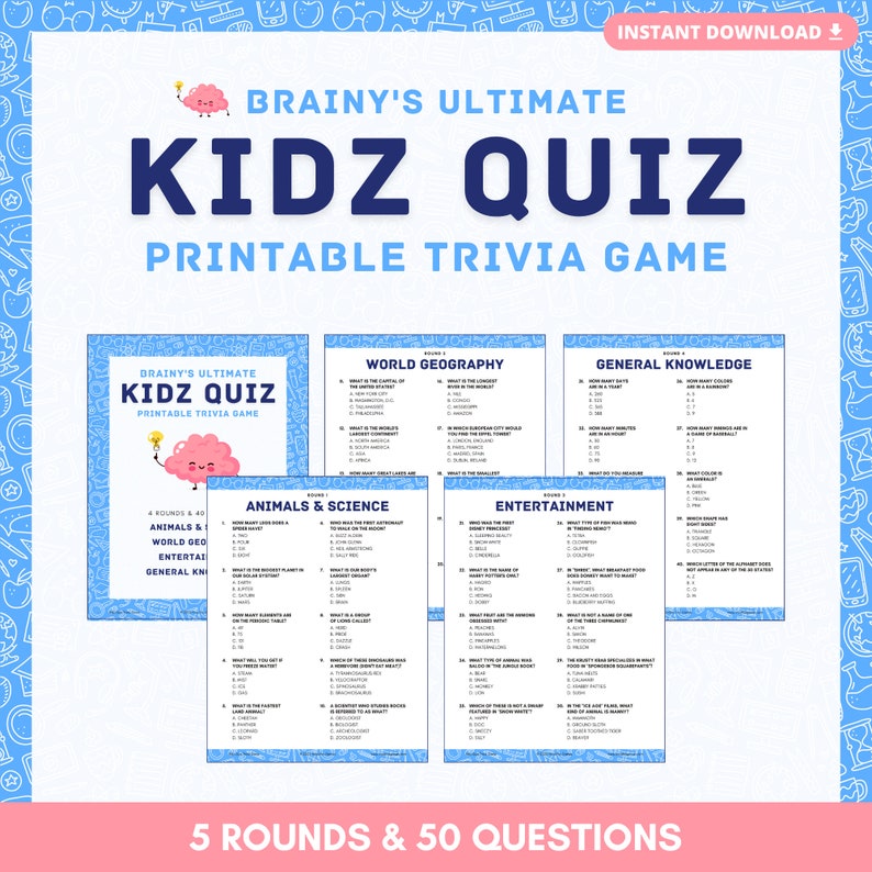 Kidz Quiz Printable Trivia Game: Animals, Science, Geography (PDF Files ...