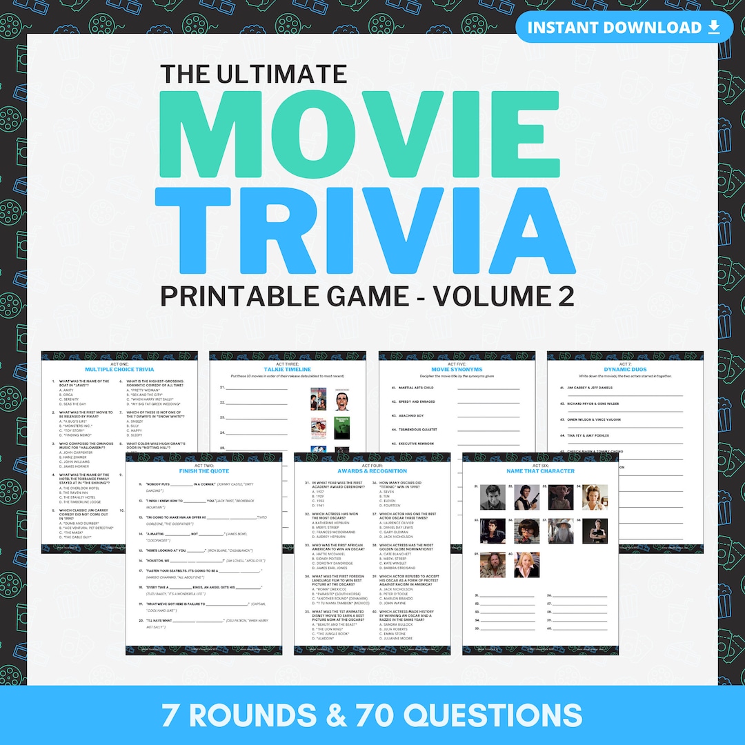 MOVIE TRIVIA Printable Game | Volume 2 | 7 Rounds & 70 Questions | Pub ...