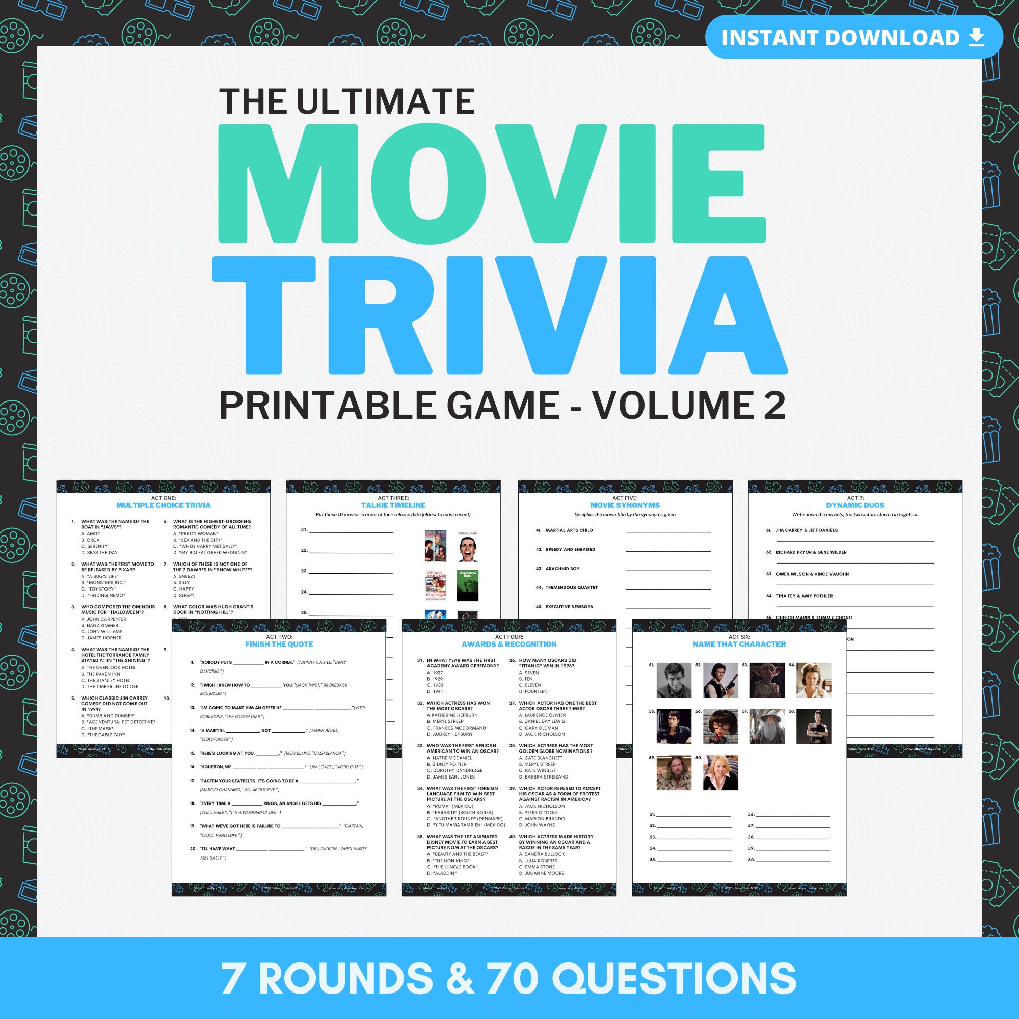 MOVIE TRIVIA Printable Game Volume 2 7 Rounds & 70 Questions Pub Trivia ...