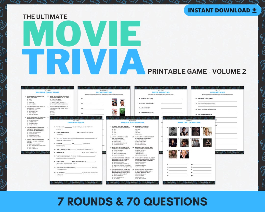MOVIE TRIVIA Printable Game Volume 2 7 Rounds & 70 - Etsy