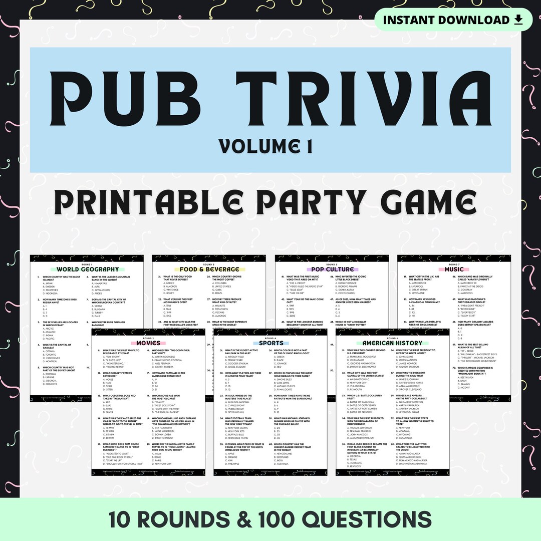 PUB TRIVIA Printable Game Volume 1 10 Rounds & 100 Questions Perfect ...