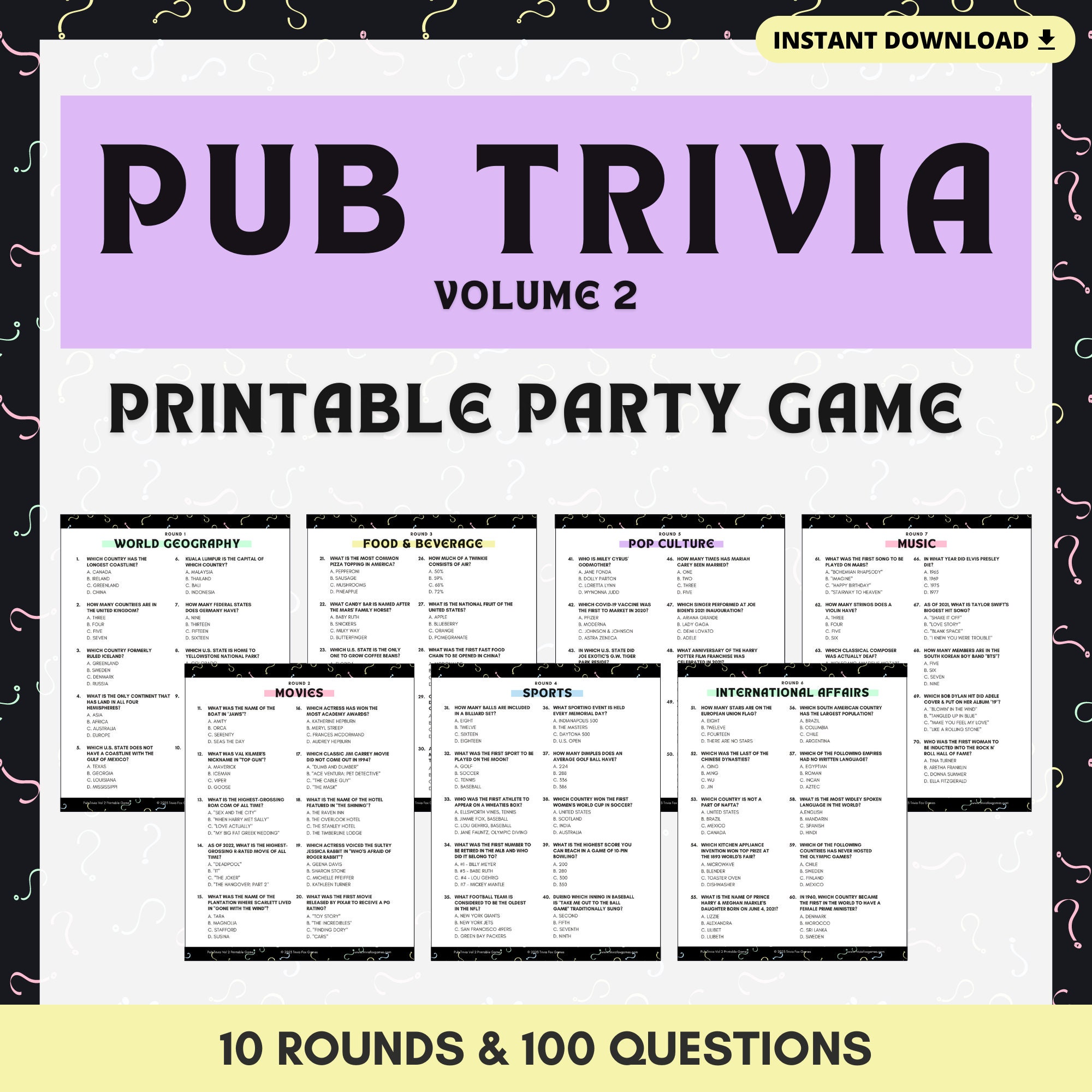 PUB TRIVIA Printable Game Volume 2 10 Rounds & 100 Questions Perfect ...