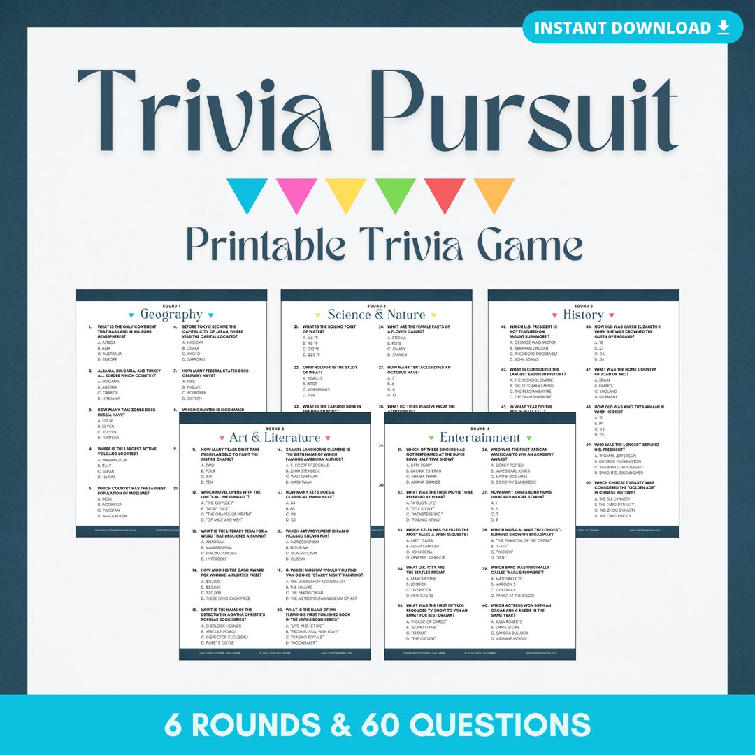 TRIVIA PURSUIT Printable Game | 6 Rounds & 60 Questions | Party Game ...