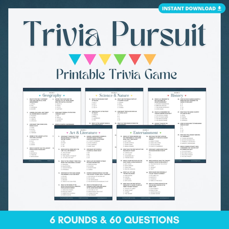 TRIVIA PURSUIT Printable Game | 6 Rounds & 60 Questions | Party Game ...