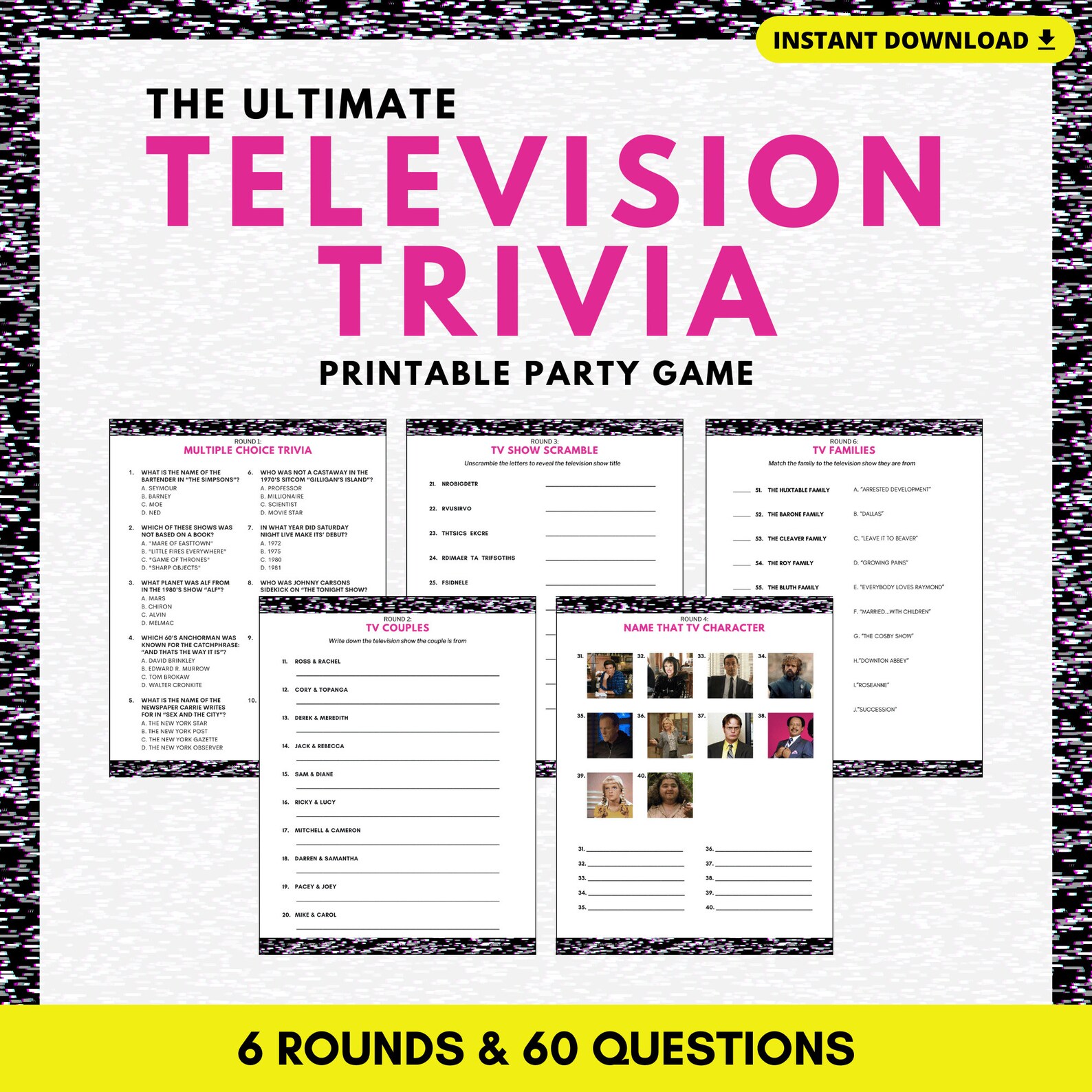 TV Trivia Printable Game: 6 Rounds, 60 Questions (PDF Files) - Etsy
