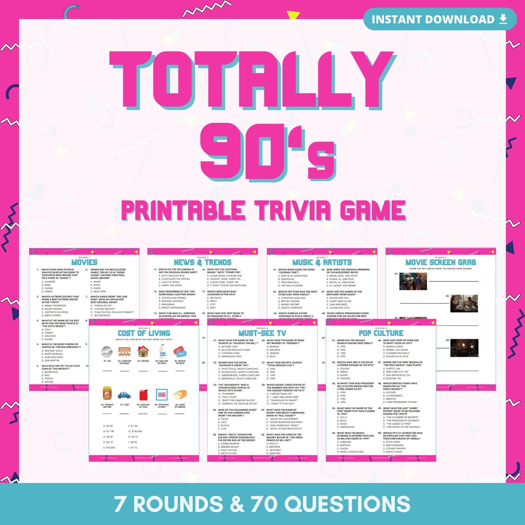 TOTALLY 90'S TRIVIA Printable Game | 7 Rounds & 70 Questions | Perfect ...