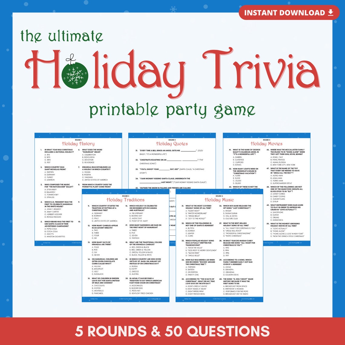 HOLIDAY TRIVIA Printable Game | Instant Download | 5 Rounds & 50 ...
