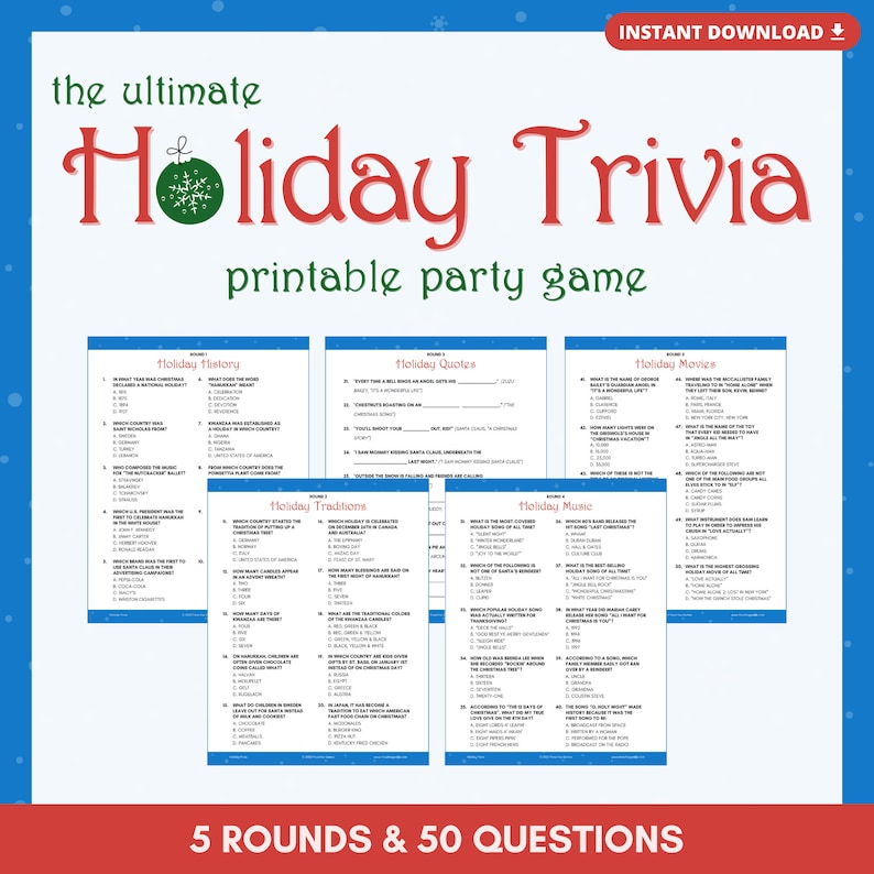 HOLIDAY TRIVIA Printable Game | Instant Download | 5 Rounds & 50 ...
