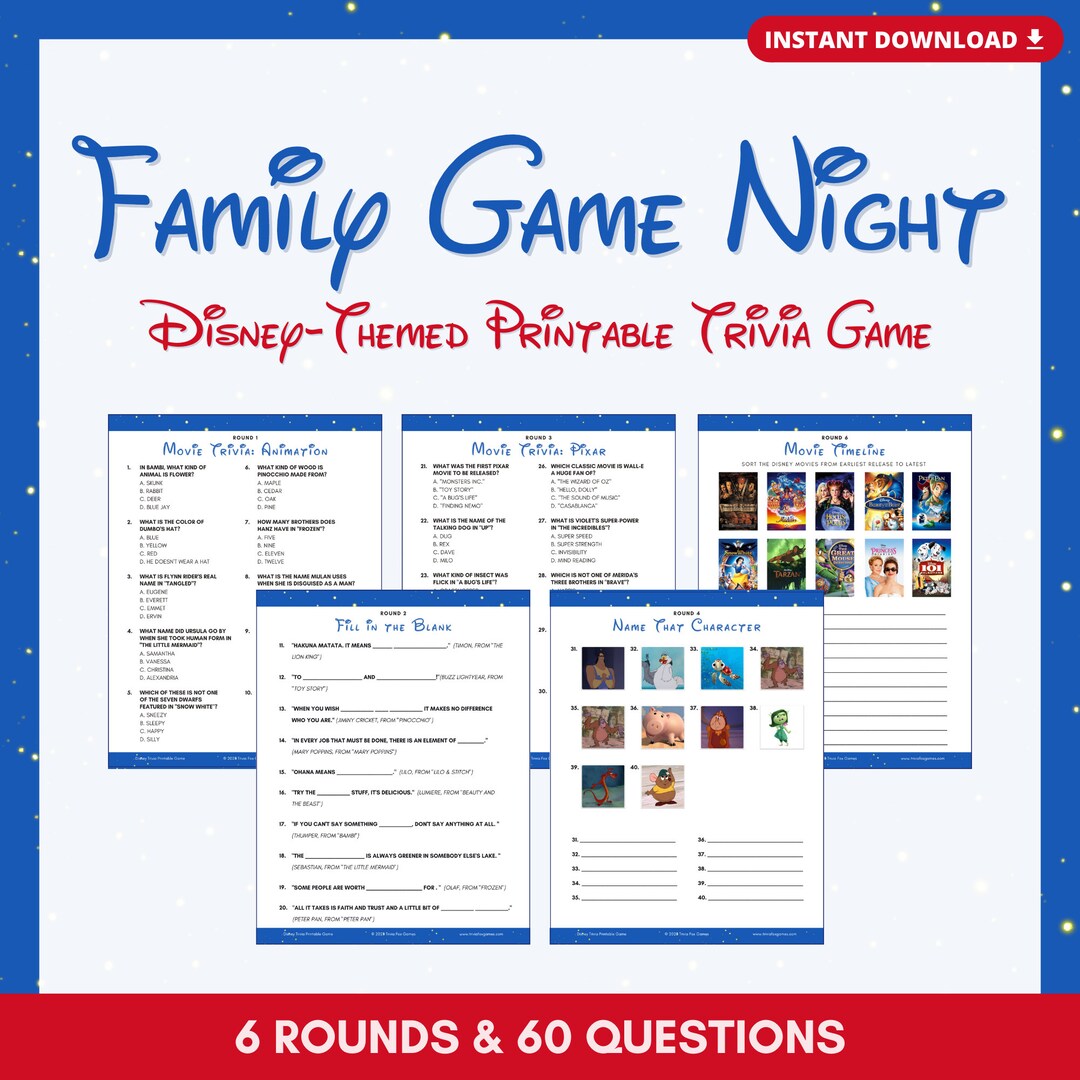FAMILY GAME NIGHT Printable Trivia | 6 Rounds & 60 Questions | Dis'ney ...