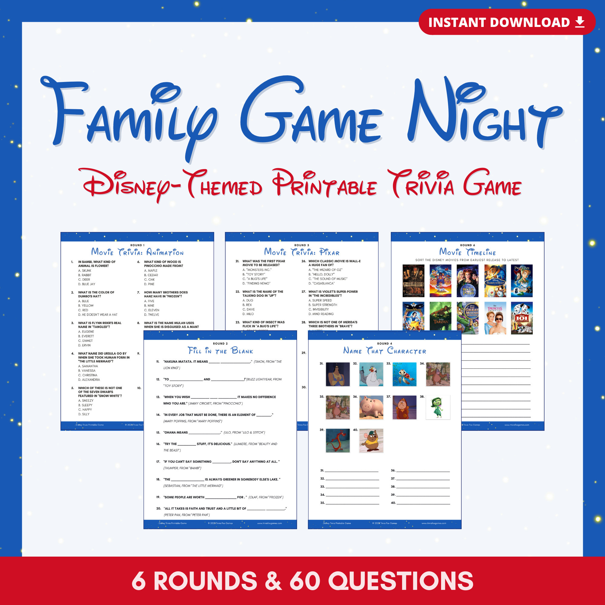 FAMILY GAME NIGHT Printable Trivia | 6 Rounds & 60 Questions | Dis'ney ...