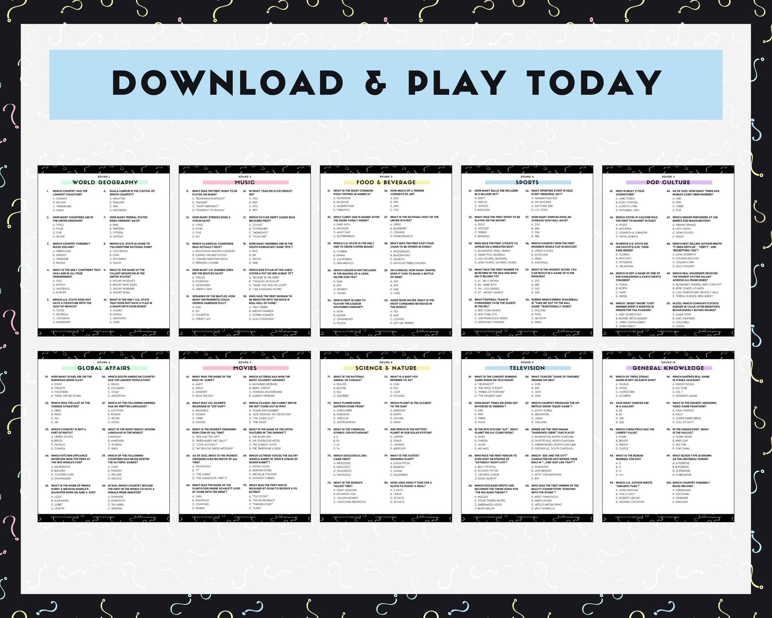 PUB TRIVIA Printable Game Volume 2 10 Rounds & 100 Questions Perfect ...