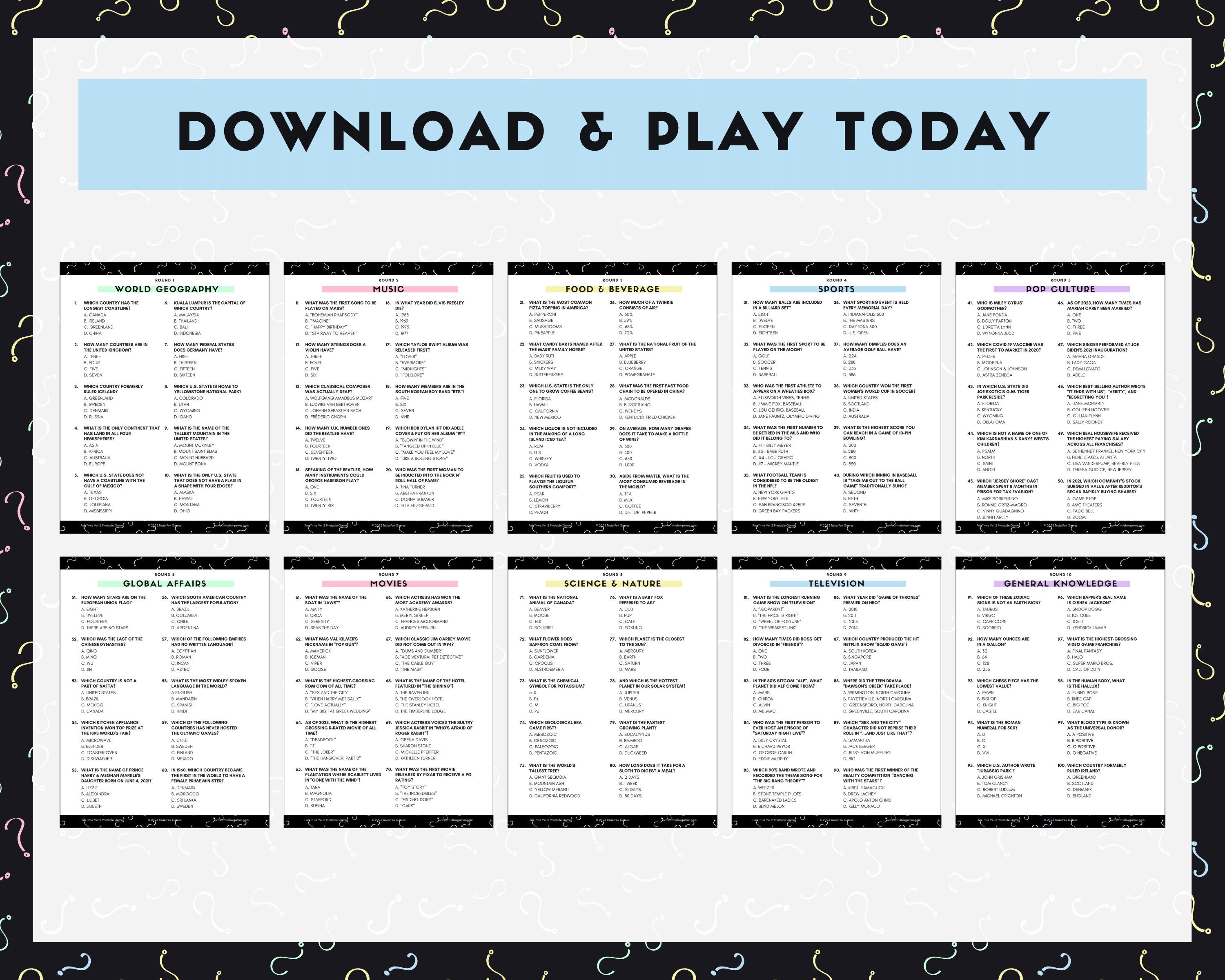 PUB TRIVIA Printable Game Volume 2 10 Rounds & 100 Questions Perfect ...