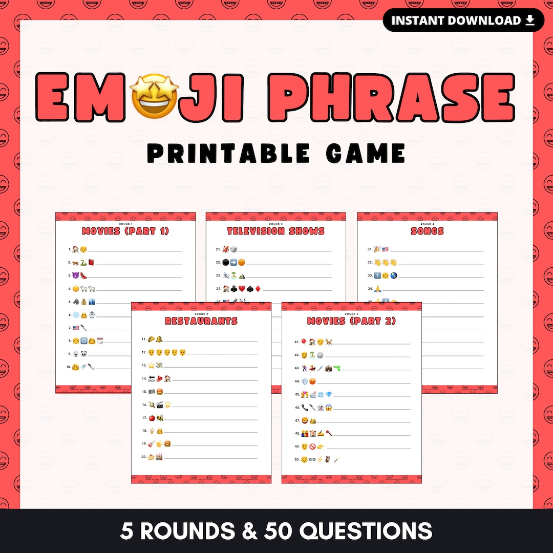 EMOJI PHRASE Printable Game | 5 Rounds & 50 Questions | Perfect for ...